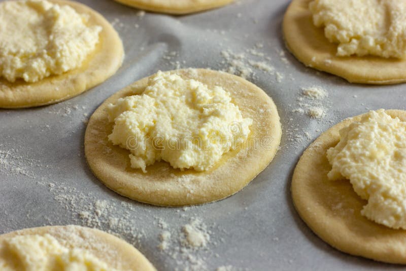 A Circle of Dough with Cottage Cheese Filling on the Table, Cooking ...