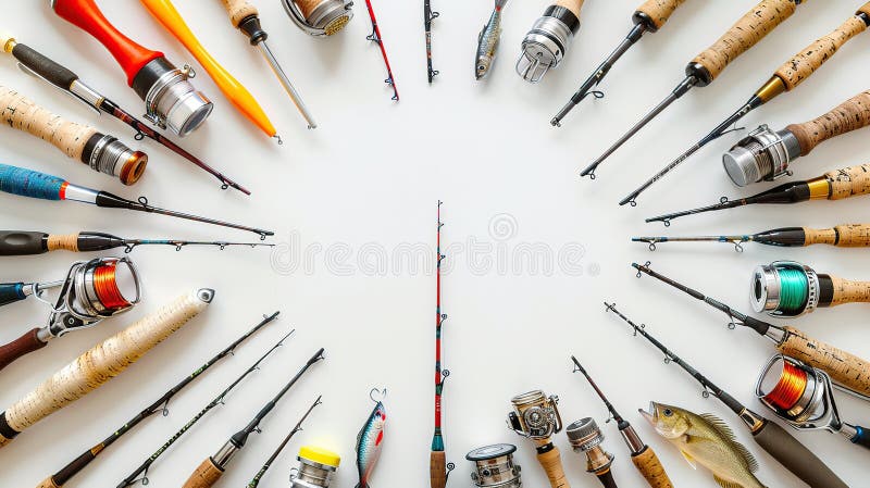 A Circle of Fishing Rods and Lures on a White Background Stock ...