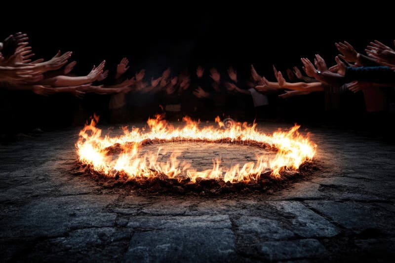Circle of Flames with Outstretched Hands in a Dark Setting Stock Image ...