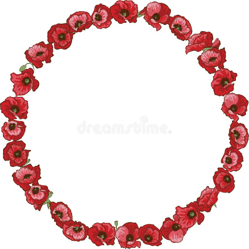 Circle Floral Frame of Detailed Hand Drawn Red Poppies. Vector ...
