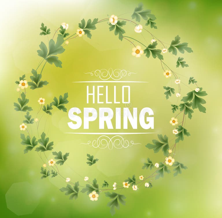 Circle Floral Frame with Text Hello Spring and Bokeh Background Stock ...