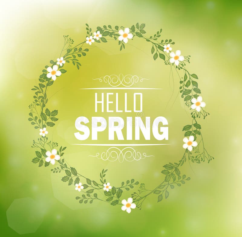 Circle Floral Frame with Text Hello Spring and Bokeh Background Stock ...