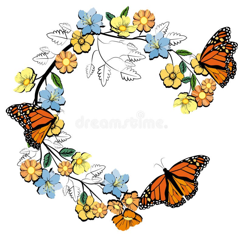 Circle of Flowers with Butterflies Stock Illustration - Illustration of ...