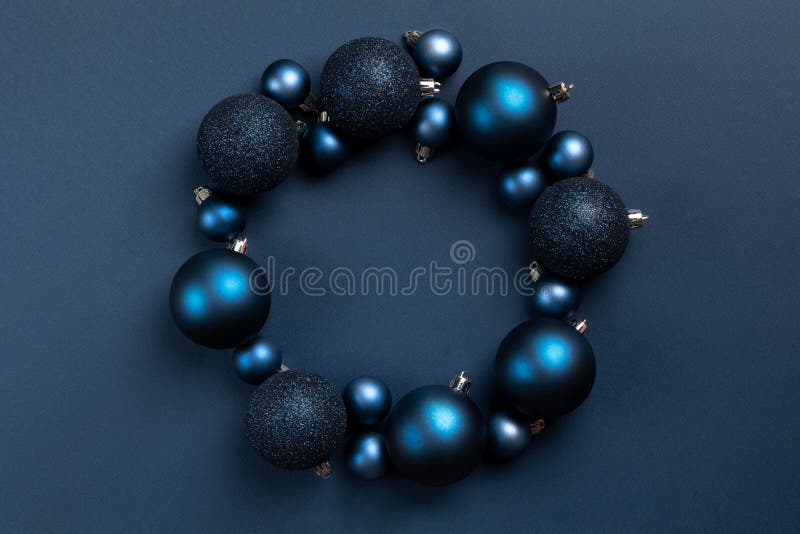 Circle Frame of Blue Christmas Balls on Blue Background Stock Photo ...