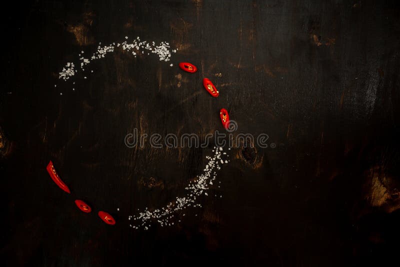 Circle Frame Composition Chilli Peppers and Spices on the Black ...