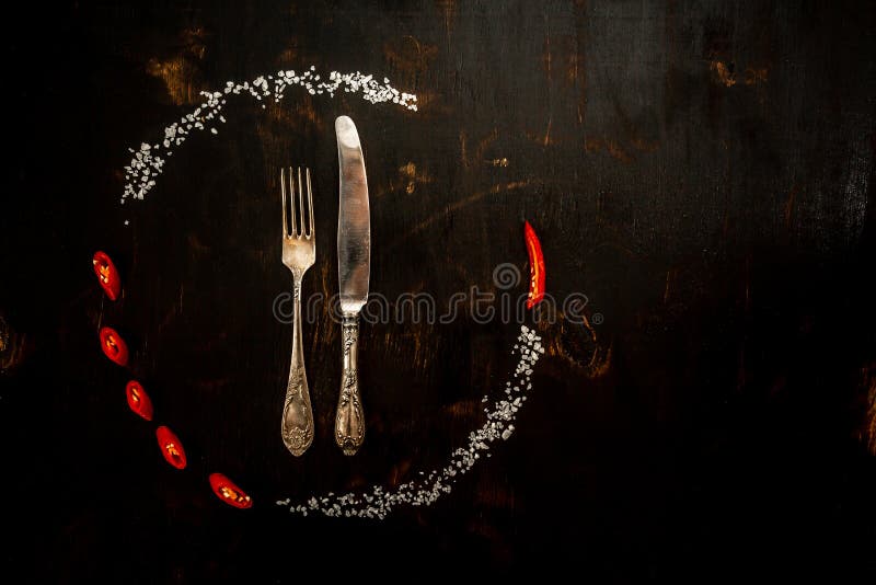 Circle Frame Composition Chilli Peppers and Spices with Fork and Knife ...