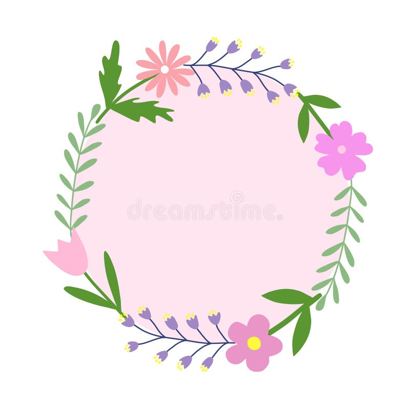 Circle Frame with Flowers, Vector Greetings Design on Pink Background ...