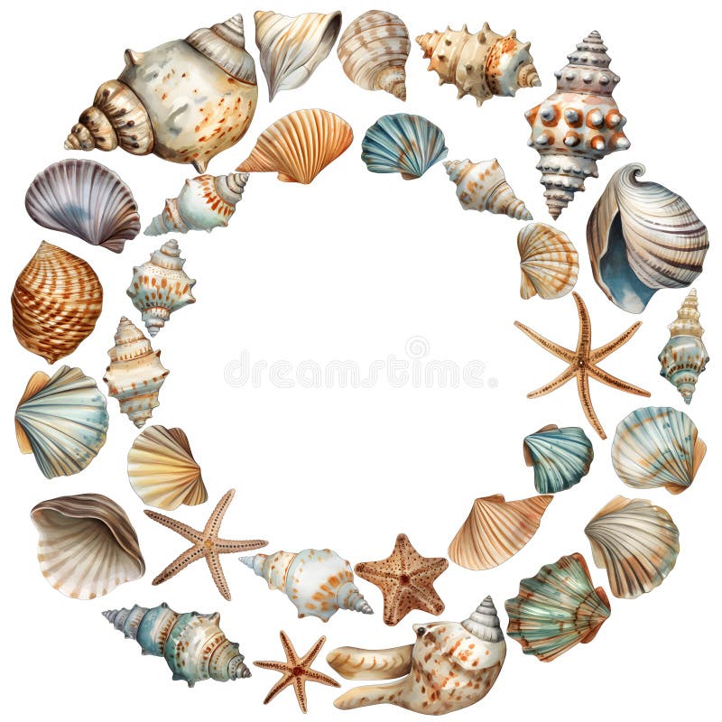 Circle Frame of Shells and Starfish on White Background. Excellent for ...