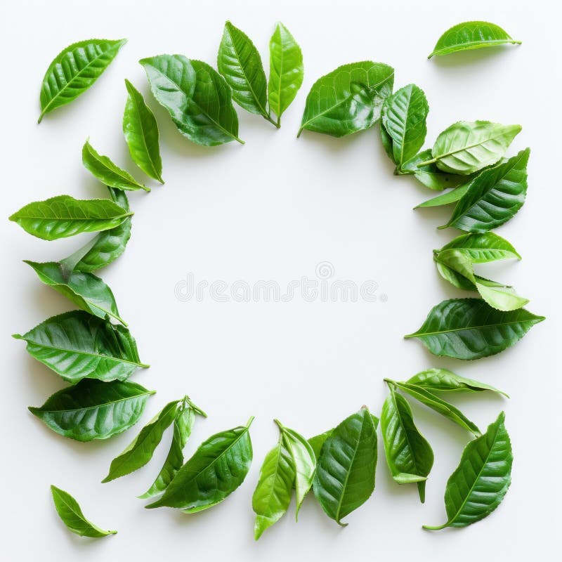 Circle of Fresh Green Tea Leaves on a White Background, Flat Lay, Stock ...
