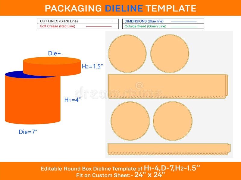 Circle Hat Gift Box, Round Lid Gift Box Dieline Template with the ...