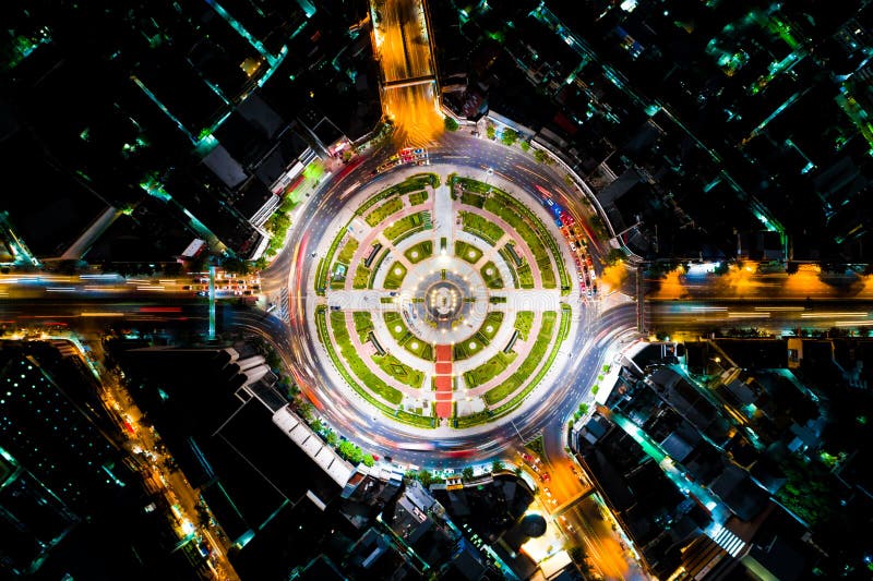 Circle Junction Traffic Road with Car Light Movement Aerial View Stock ...