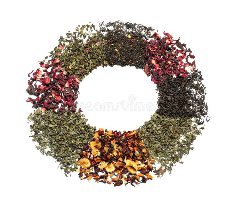 Circle Made of Different Types of Dry Tea Leaves on White Background ...