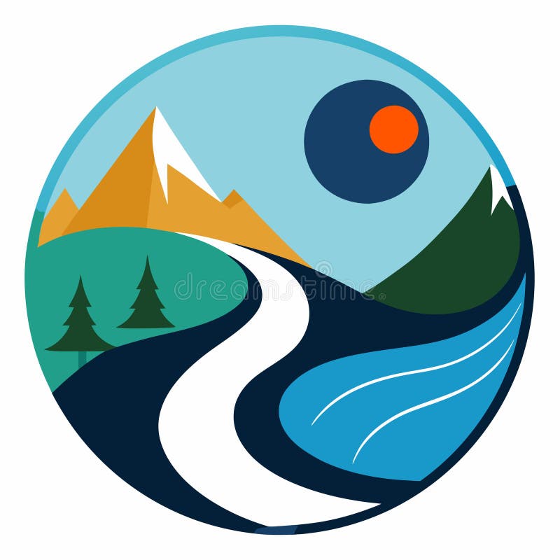 Circle with Mountains Icon on One Side and a Flowing River. Stock ...