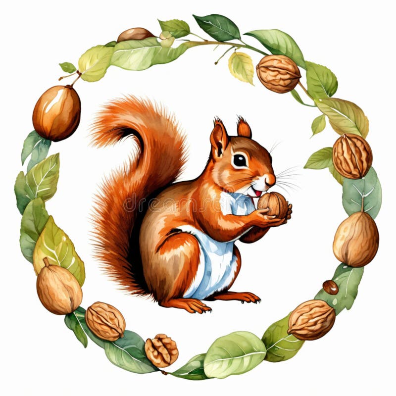 Circle of Nature: Squirrel Savoring a Nut Stock Illustration ...