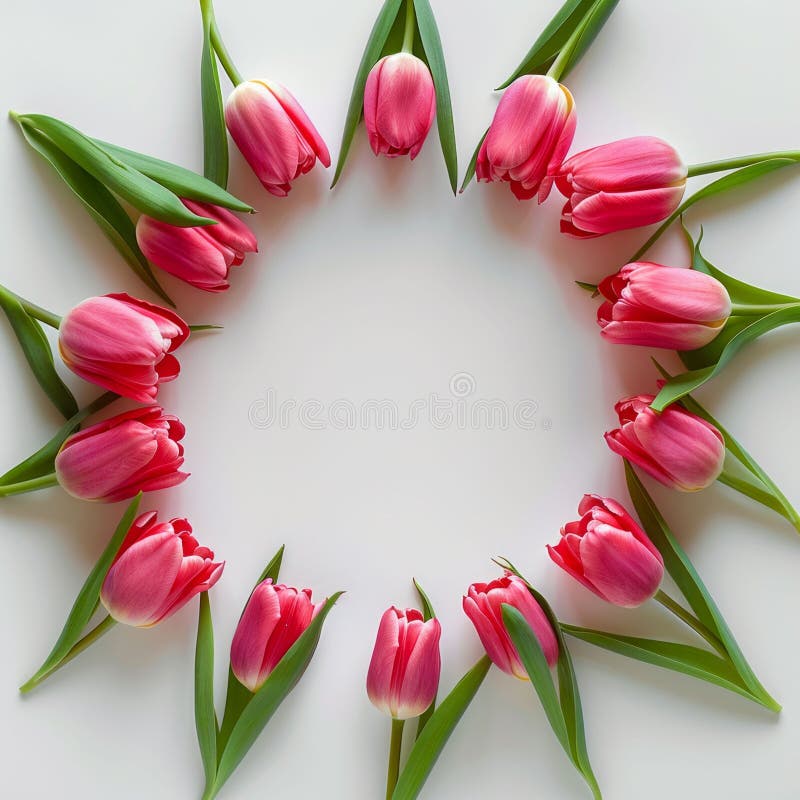 Circle of Pink and Red Tulips on a White Background. Generative Ai ...