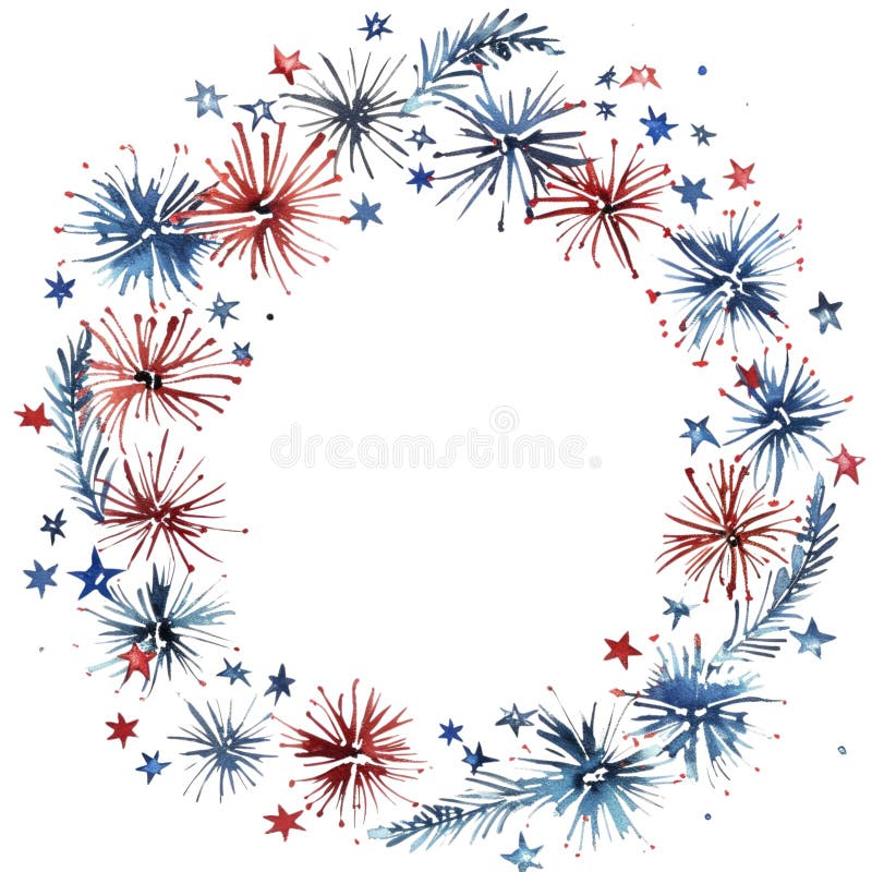 Circle of Red, White, and Blue Firework on Background. Watercolor Image ...