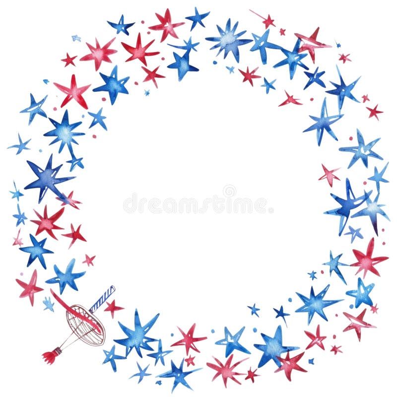 Circle of Red, White, and Blue Firework on Background. Watercolor Image ...