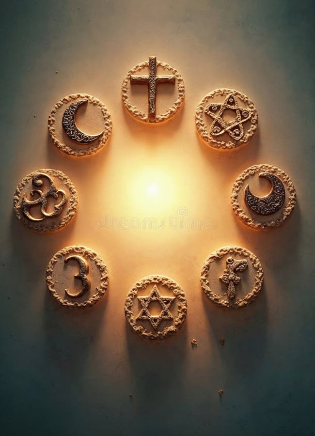 A Circle of Religious Symbols on a Surface with Bright Light Shining on ...