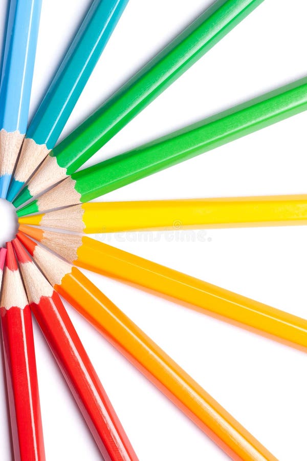 Circle or Semicircle of Colored Sharp Pencils Spouts in the Center on a ...