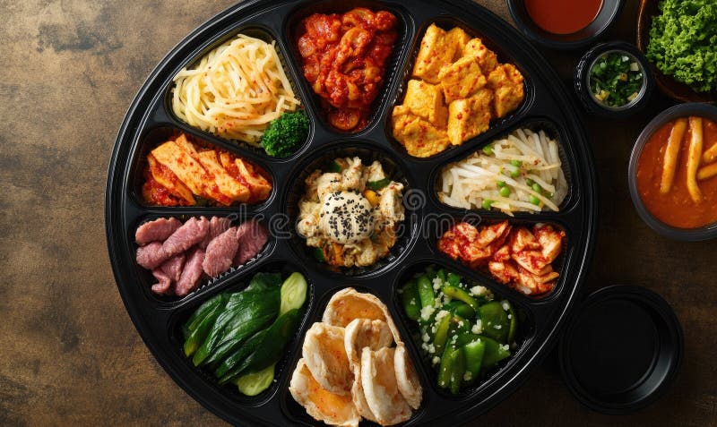 A Circle of Seven Lunch Boxes, Each with Unique Korean Flavors Stock ...