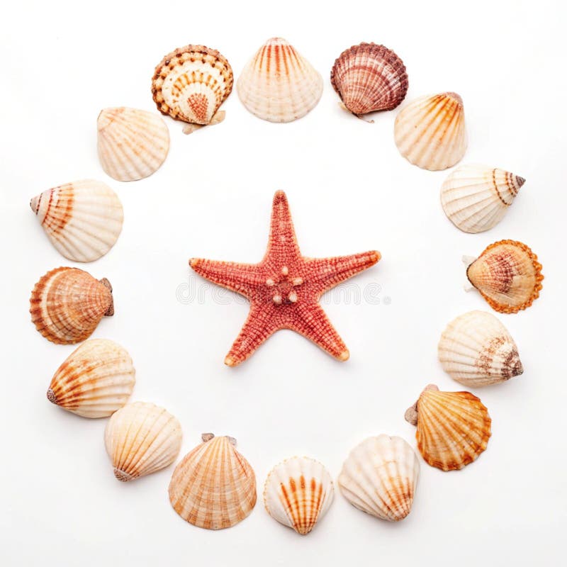 A Circle of Shells with a Starfish on White Background Stock ...