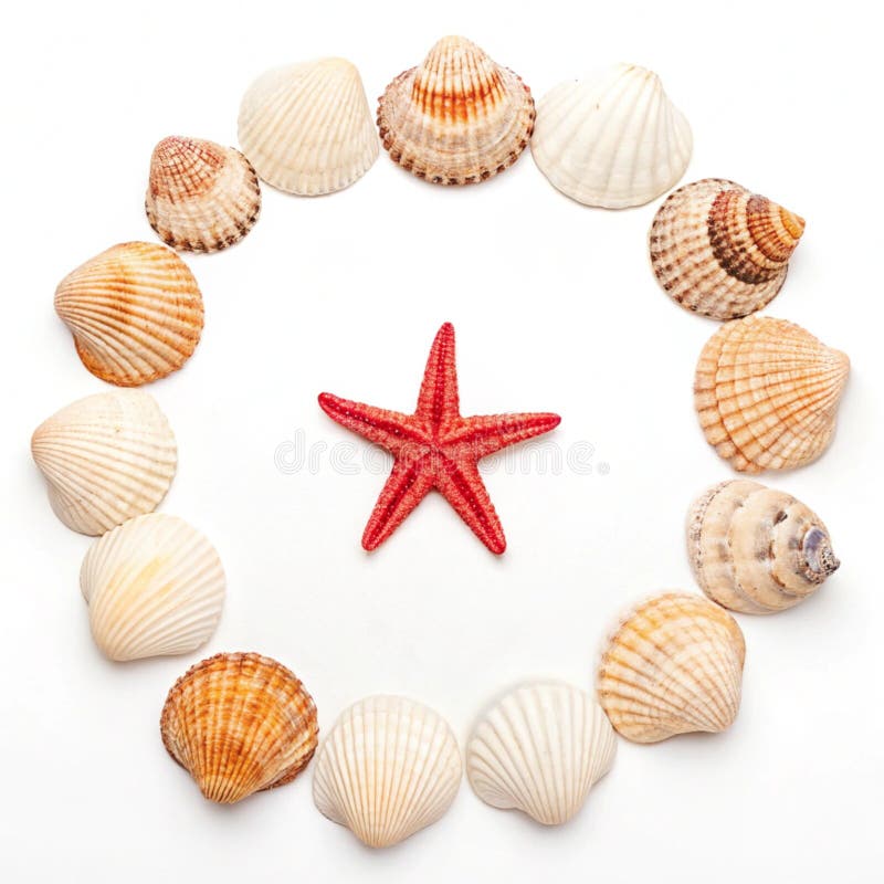A Circle of Shells with a Starfish on White Background Stock ...