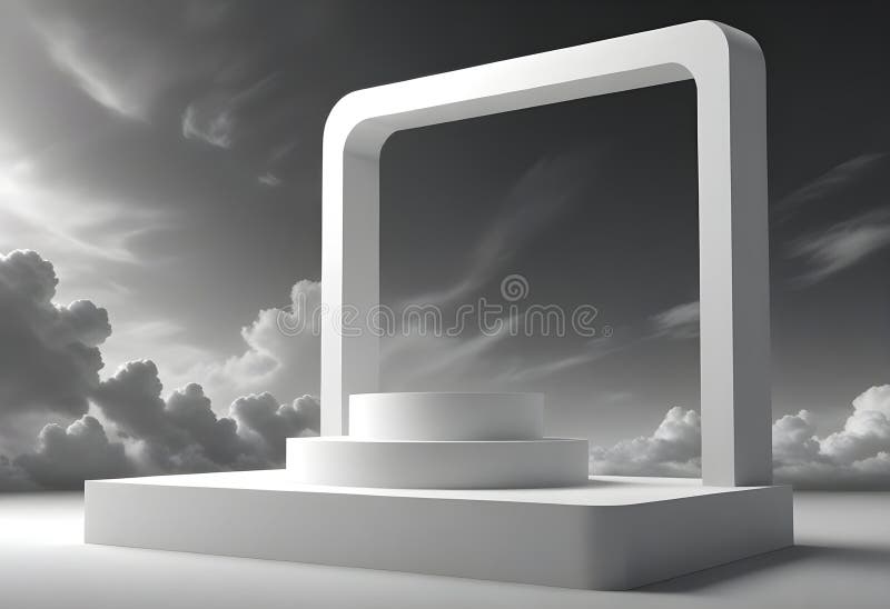 A Circle and Square Pole Podium with a Cloud, Monochrome Style Stock ...