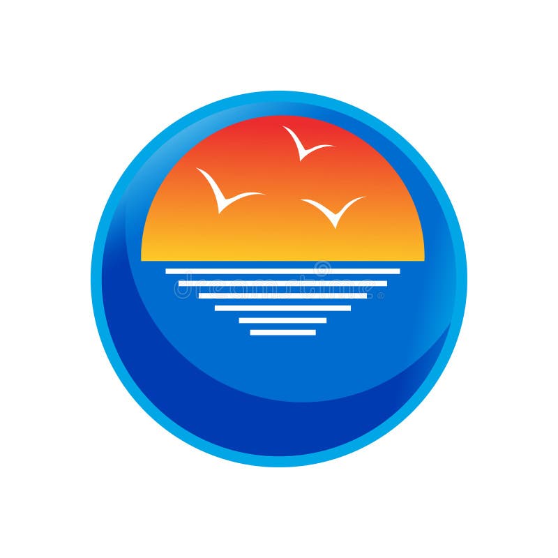 Circle Sunset Logo Design Vector of Yellow Sun and Blue Sea Waves ...