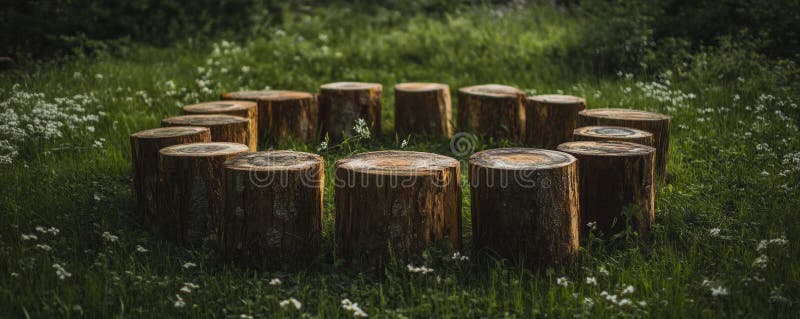 Circle of Tree Stumps in a Grassy Field, Rustic Outdoor Setting Stock ...