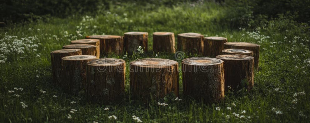 Circle of Tree Stumps in a Grassy Field, Rustic Outdoor Setting Stock ...