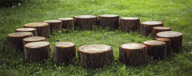Circle of Tree Stumps on Green Grass Lawn, Outdoor Gathering Concept ...
