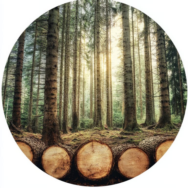 Circle of Tree Trunks in the Forest at Sunset. Vector Illustration ...