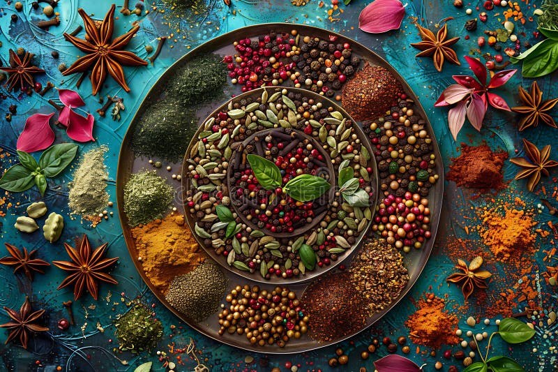 A Circle of Various Spices Arranged on a Table in a Fractal Art Pattern ...