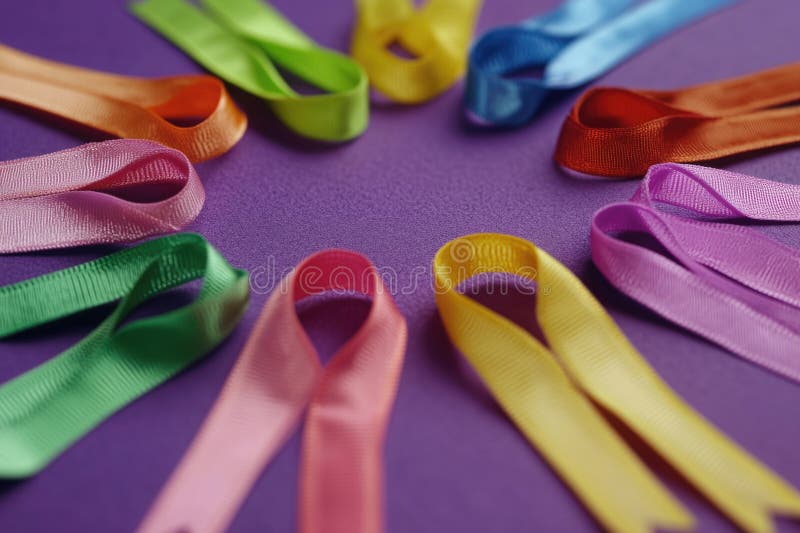 A Circle of Vibrant Ribbons on a Deep Purple Surface Stock Photo ...
