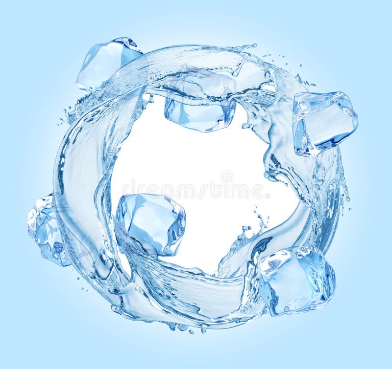 Circle Water Splash with Ice Cubes on Blue Background Stock ...