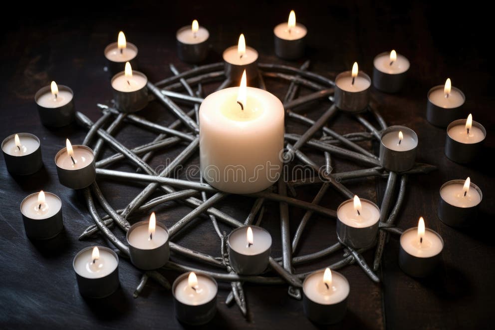 Circle of White Candles Surrounding a Silver Pentacle Stock Photo ...