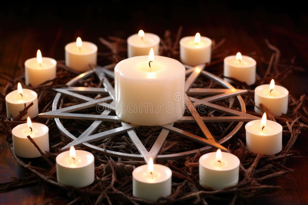 Circle of White Candles Surrounding a Silver Pentacle Stock Image ...
