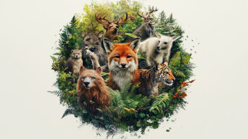 A Circle of Wild Animals Surrounded by Lush Greenery Stock Illustration ...