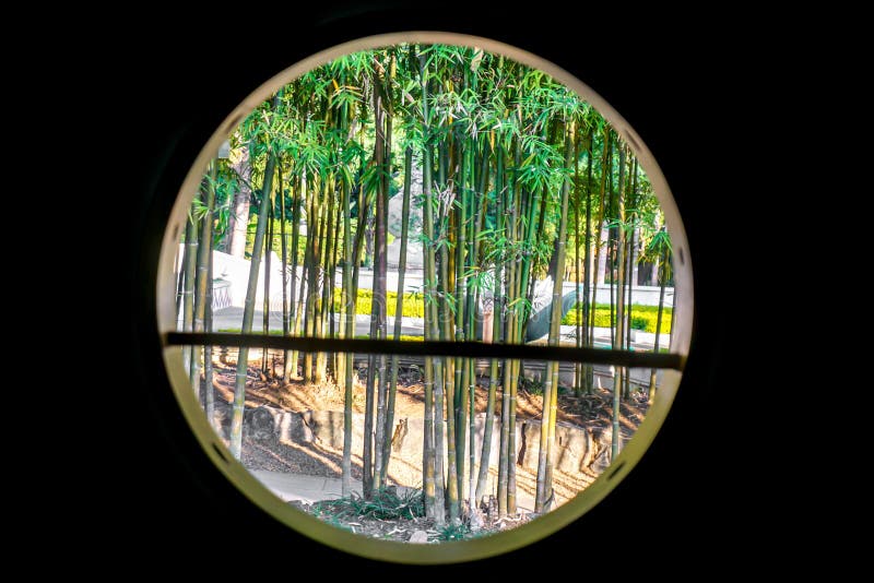 Circle Window View of Modern House with Bamboo Forest and Natural Sun ...