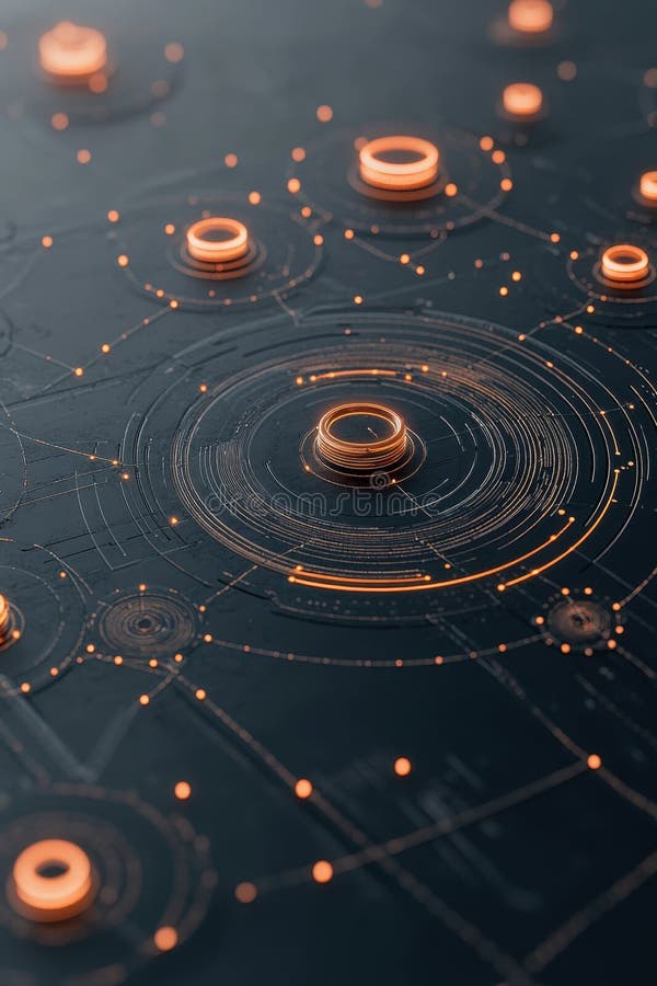 Circles of Light Glow Above Dark Textured Surface. Lines Connect ...