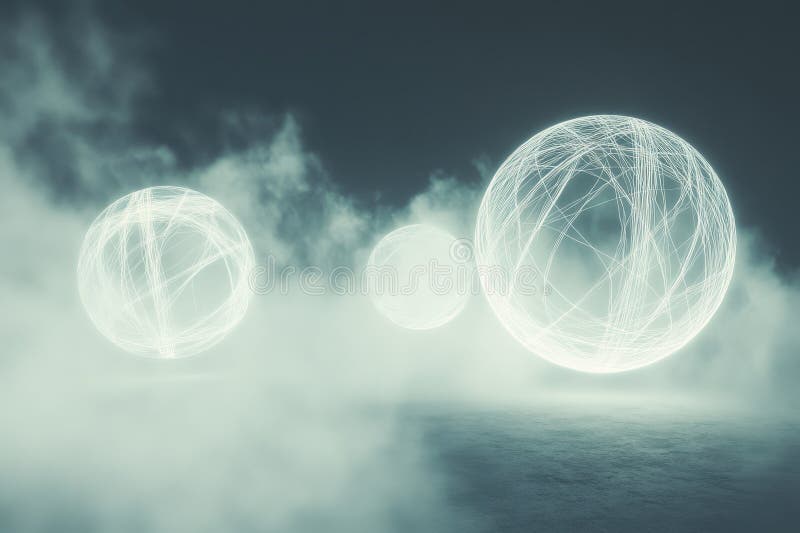 Circles of Light Hover Above a Misty Surface in an Ethereal Landscape ...