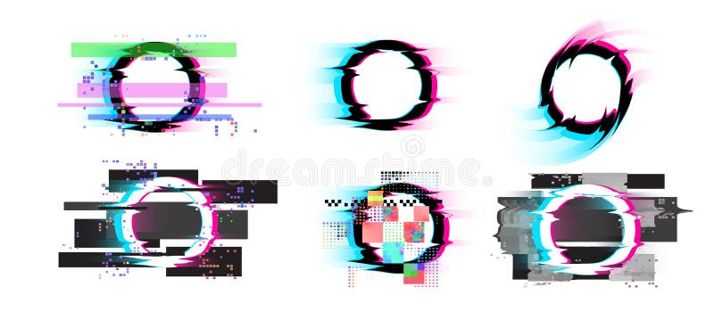 Circles with Various Glitch and Digital Noise Effects Vector Set, Round ...