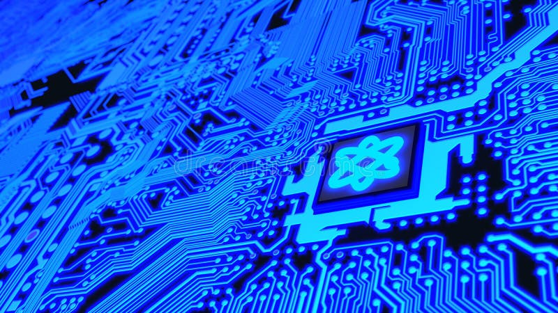 Circuit Board in Blue with a Chip and a Molecule Symbol Quantum Stock ...