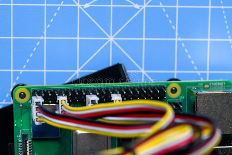 Circuit Board with Cables Connected on a Blue Background. Stock Image ...