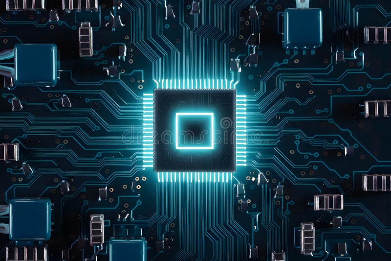 Circuit Board with Central Blue Glowing Chip, Intricate Components ...