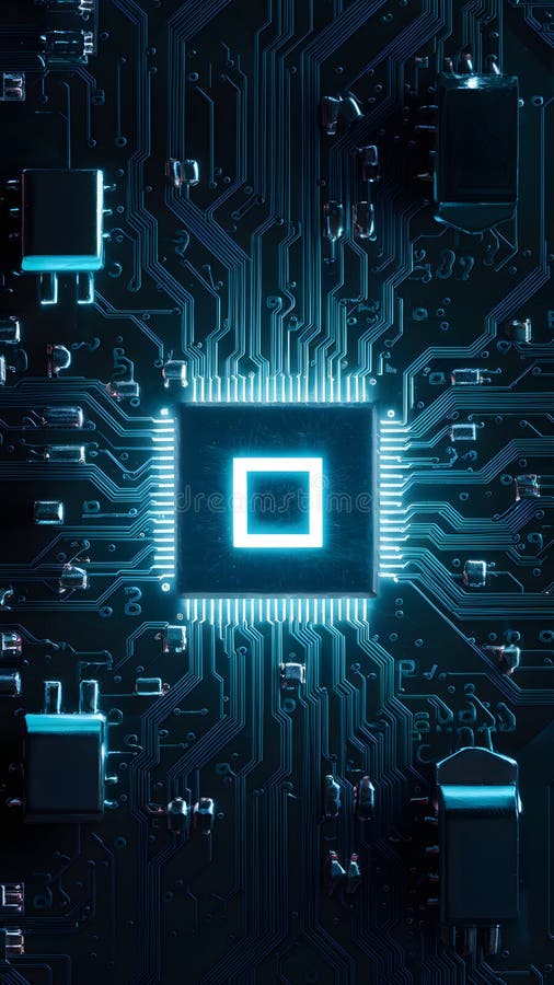 Circuit Board with Central Blue Glowing Chip, Intricate Components ...