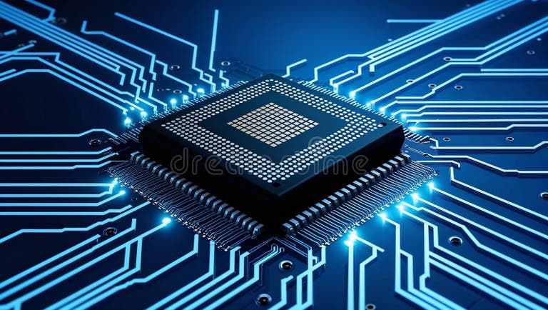 Circuit Board with Central Microchip and Blue Glowing Pathways Stock ...