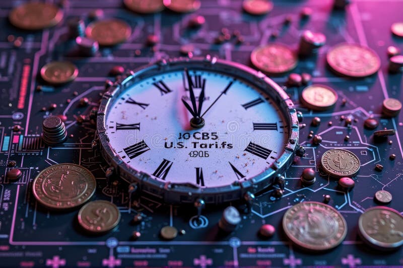 Circuit Board Clock Surrounded by Coins Symbolizing Economic Impact of ...