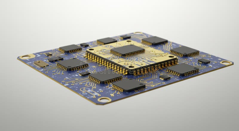 Circuit Board Close-up with Chips and Golden Traces Technology Concept ...