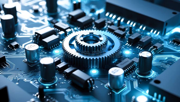 Circuit Board Close-up with Gears and Cogs. Electronic Computer ...